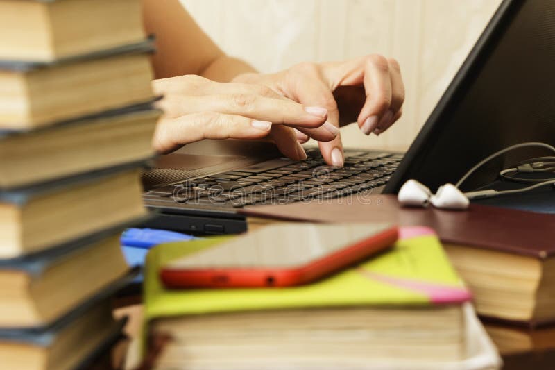 Work Remotely, Female Hands, Laptop and Books. Stock Image - Image of ...