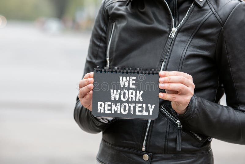 Work Remotely Sign on the Wooden Desk about Remote Job Stock Photo ...
