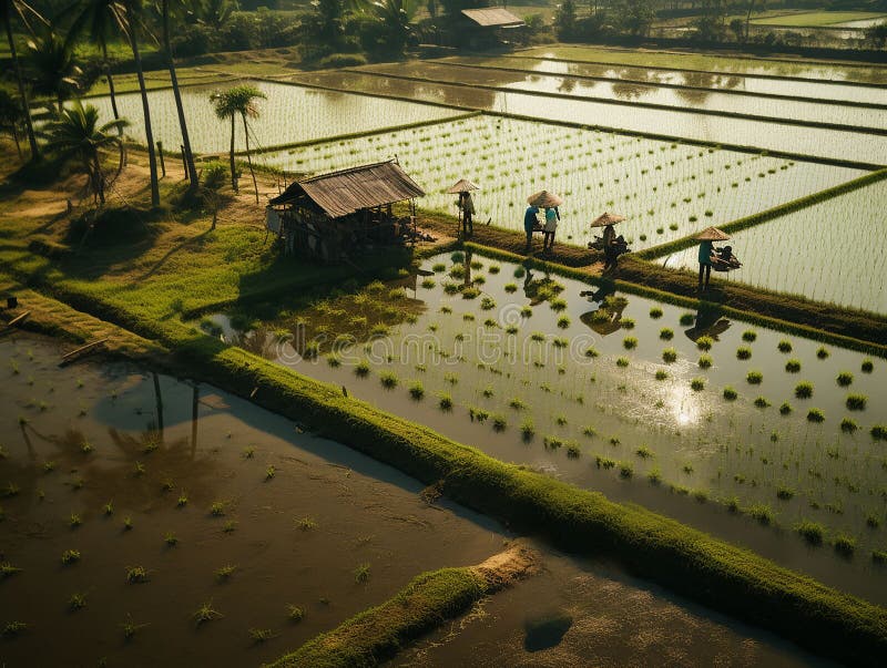 Work in Rice Fields. View from Above Stock Illustration - Illustration ...