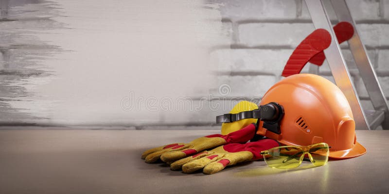 Work Safety Banner. Work Safety Protection Equipment on Brick Wall ...
