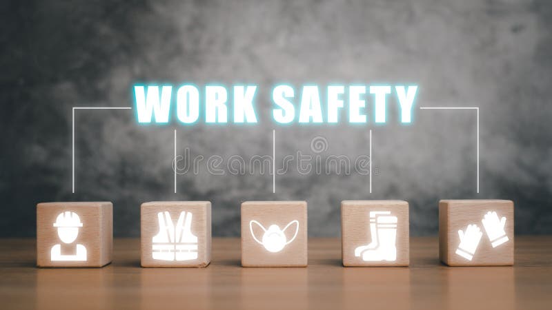 Wooden Cube Block on Desk with Work Safety Icon with Copy Space Stock ...