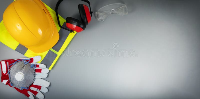 Work Safety Items of Construction Industry on Gray Background with Copy ... Work Safety Items of Construction Industry on Gray Background with Copy ...