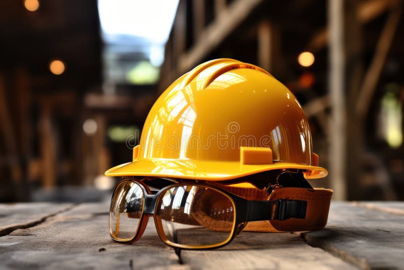 Work Safety. Protective Hard Hat Closeup, Blur Construction Site ...
