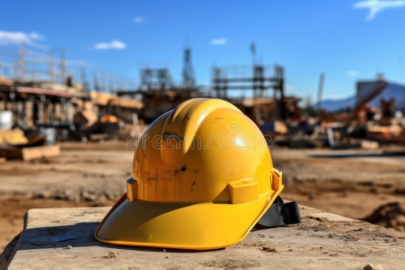 Work Safety. Protective Hard Hat Closeup, Blur Construction Site ...
