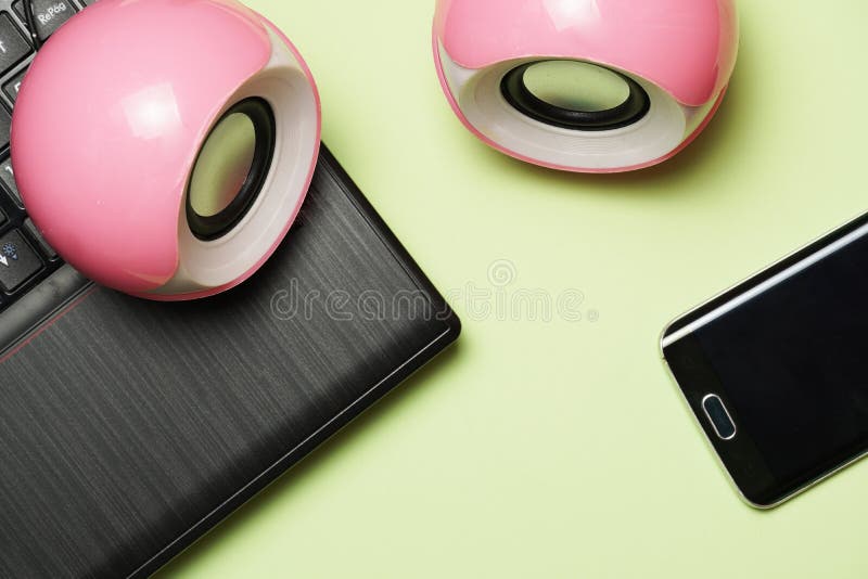 Work Space with Bluetooth Speaker Computer and Smartphone. Concept ...