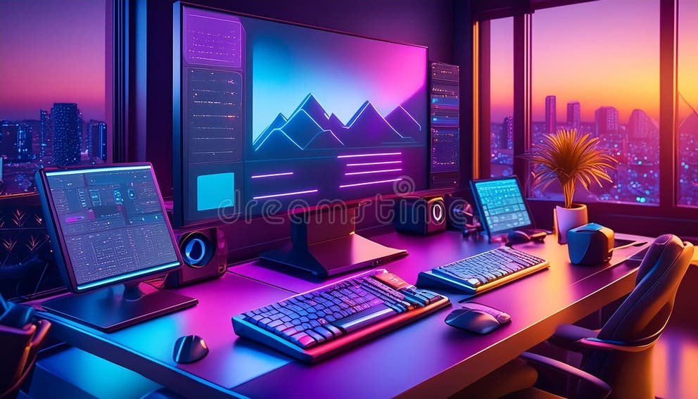 Work Space with Computer and Work Table with Disco Light Stock Image ...