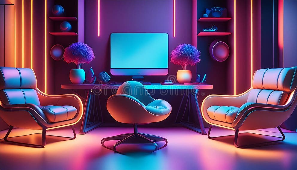 Work Space with Computer and Work Table with Disco Light Stock Photo ...