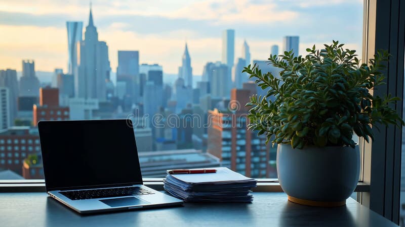 Work Space Desk with Laptop and Papers with Cityscape in Background ...