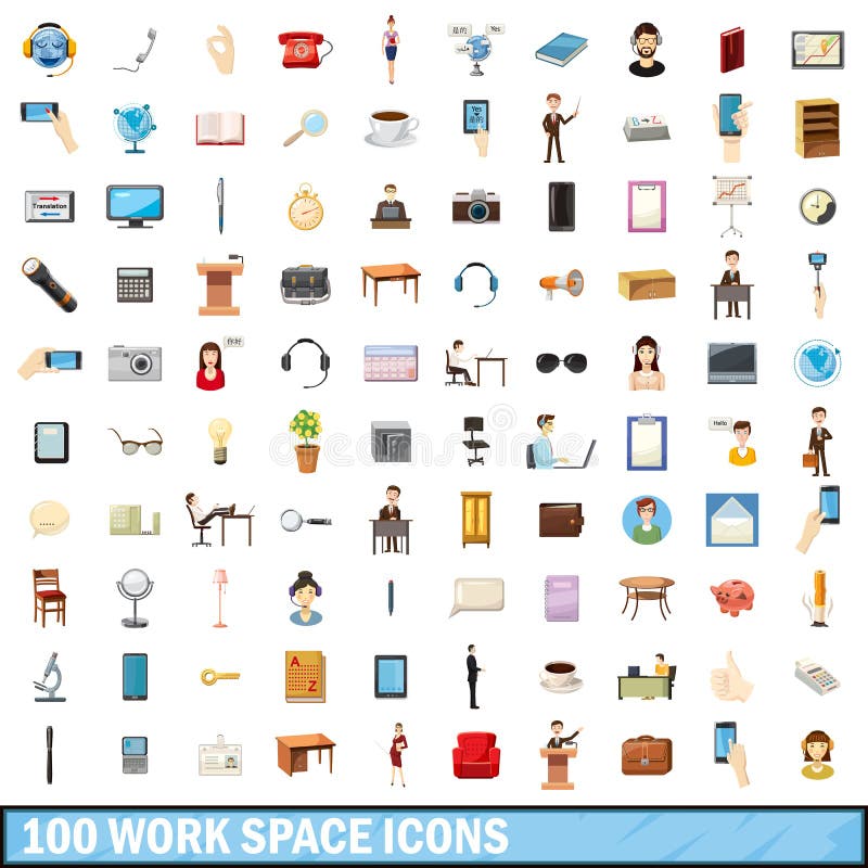 100 Work Space Icons Set, Cartoon Style Stock Vector - Illustration of ...