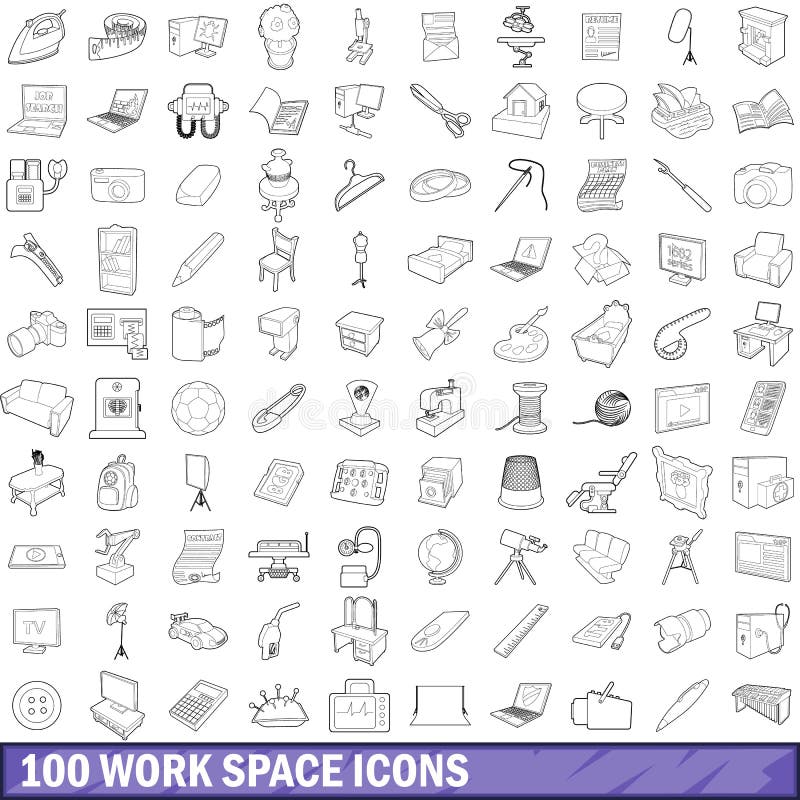 100 Work Space Icons Set, Outline Style Stock Vector - Illustration of ...