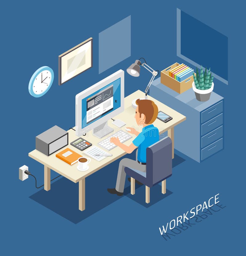 Work Space Isometric Flat Style. Stock Vector - Illustration of cartoon ...
