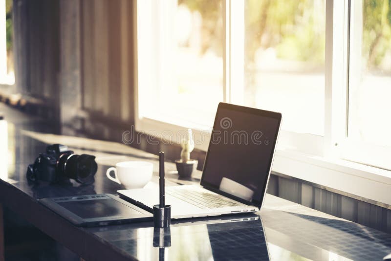 Work Space with Laptop and Camera Stock Photo - Image of design, blank ...