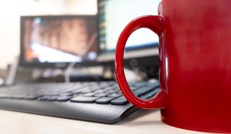 Work Space Office Desktop Low Angle View with Morning Coffee in Red Mug ...