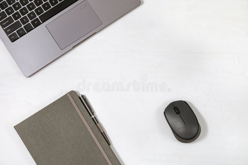 Work Space for Student Flat Lay. Desktop with Laptop, Blank Notebook ...