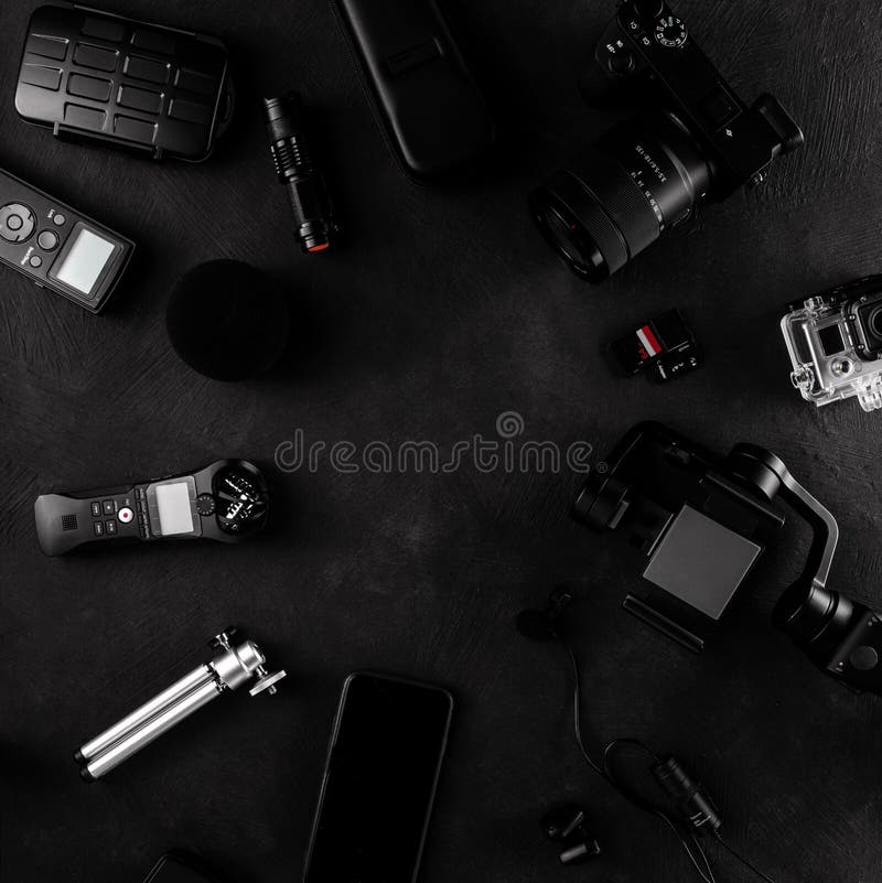 Work Space Videographer with Laptop, Digital Camera, Memory Card ...