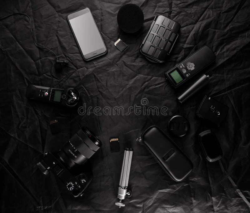 Work Space Videographer with Laptop, Digital Camera, Memory Card ...