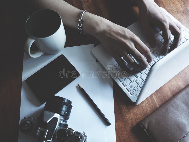 Work space on wooden table stock image. Image of background - 89741439
