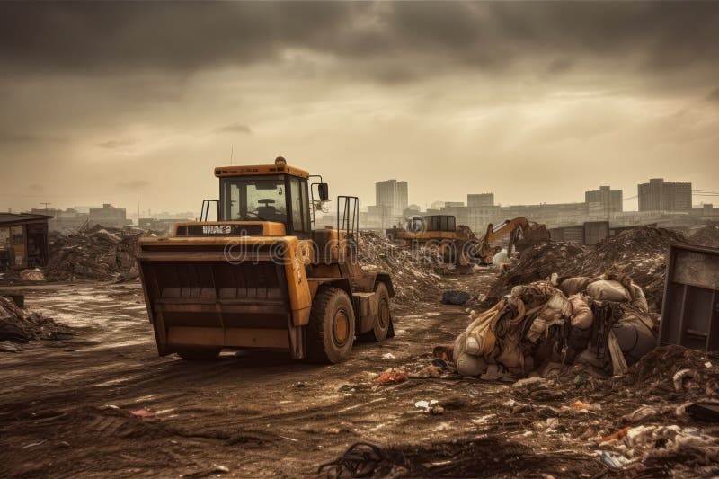 The Work of Special Equipment at the Garbage Dump. Bulldozers Remove ...
