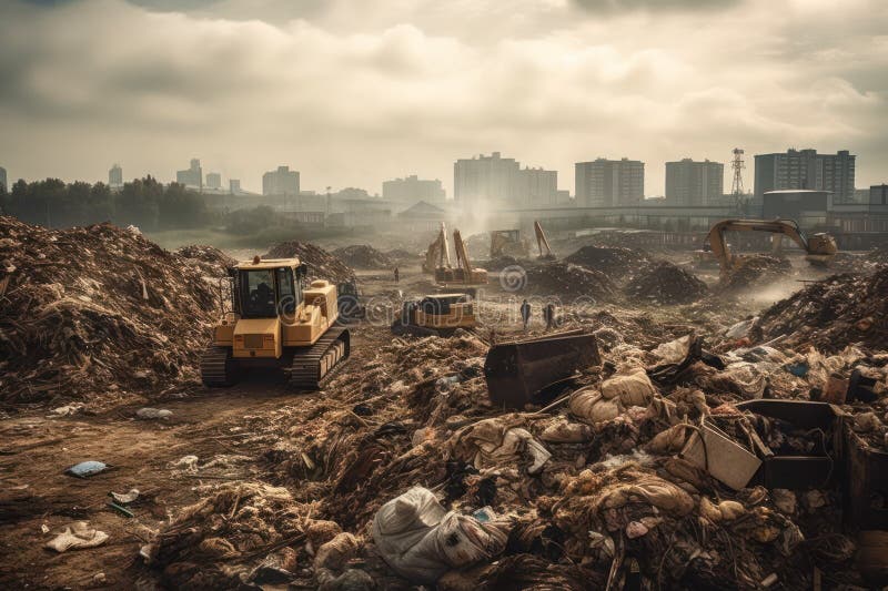 The Work of Special Equipment at the Garbage Dump. Bulldozers Remove ...