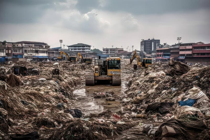 The Work of Special Equipment at the Garbage Dump. Bulldozers Remove ...