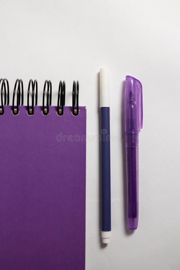 Work and Study Items, Notebook and Purple Pens Stock Image - Image of ...