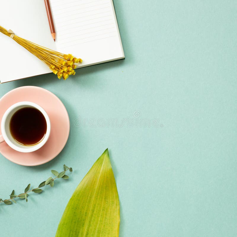 Work and Study Place. Note Book, Cup of Coffee with Floral Decoration ...