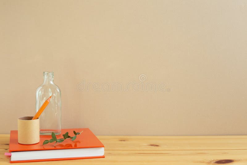 Work and Study Place. Note Book, Pencil on Wooden Desk with Beige ...