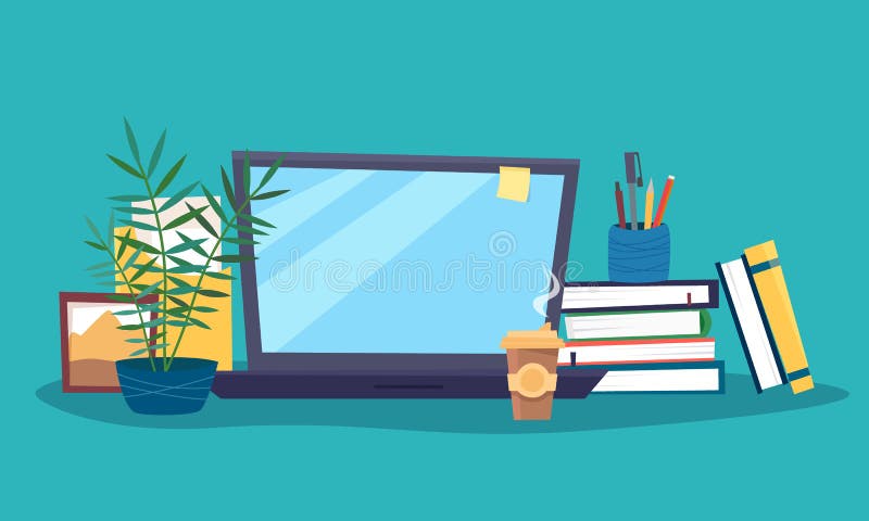 Work Table with Computer, Books, Coffee, Plant. Stock Vector ...