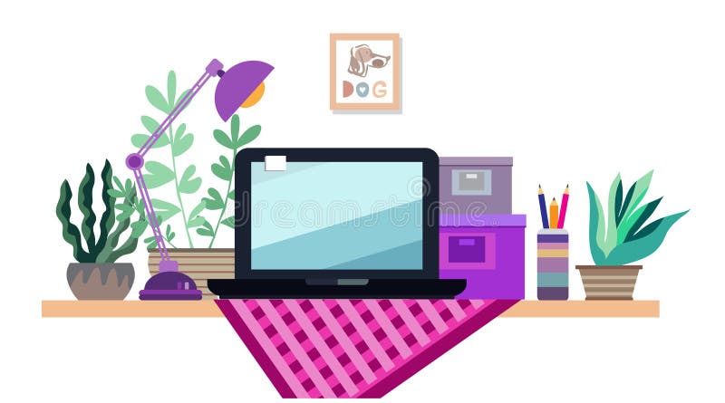 Work table with computer1 stock vector. Illustration of curtain - 125102041