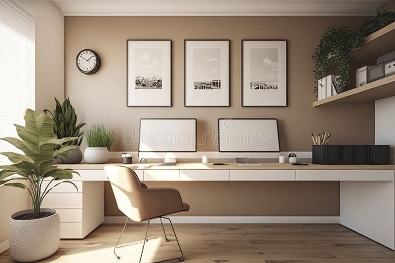 Work Table with Computers. Modern Interior of a Cozy Workplace Stock ...