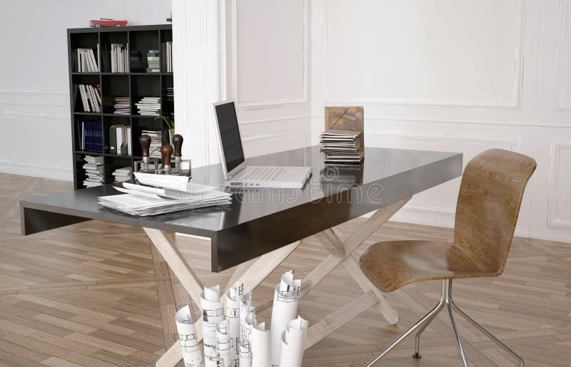 Work Table with Laptop in a Spacious Office Stock Illustration ...
