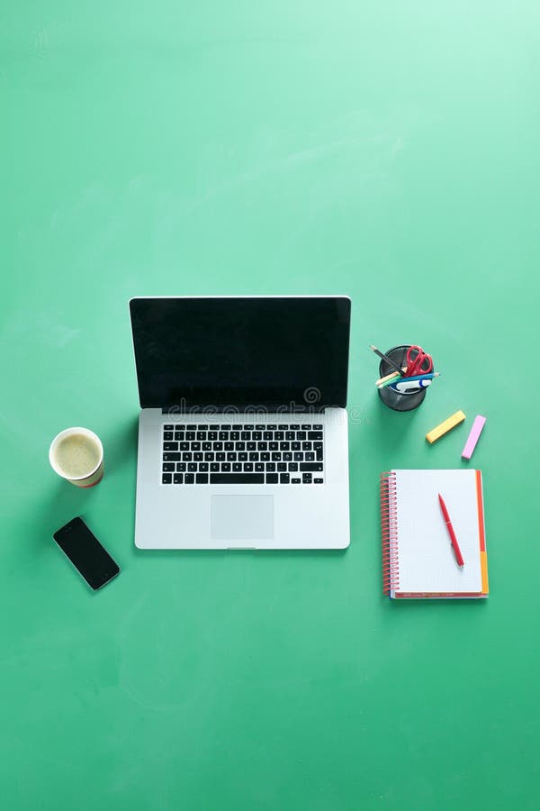 Work Table Space with Laptop Computer , Flat Lay Stock Photo - Image of ...