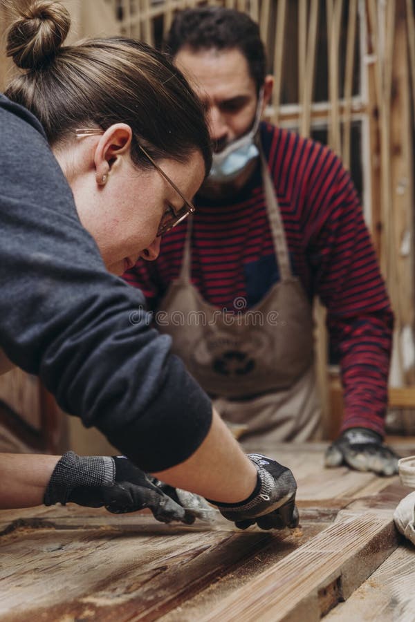 Work Team Working Wood in Workshop Stock Photo - Image of restoration ...