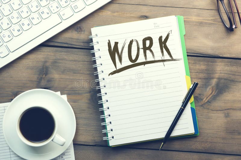 Work text on notebook stock photo. Image of desk, plan - 137363150