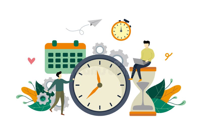 Work Time Management Flat Illustration with Big Clock and Small People ...