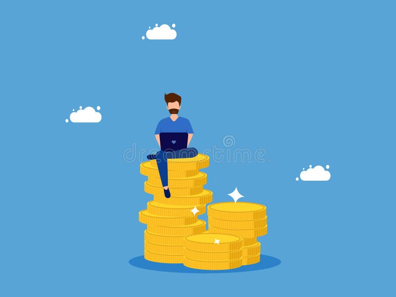 Work To Build Wealth. Man Working with Laptop on Stack of Money Stock ...