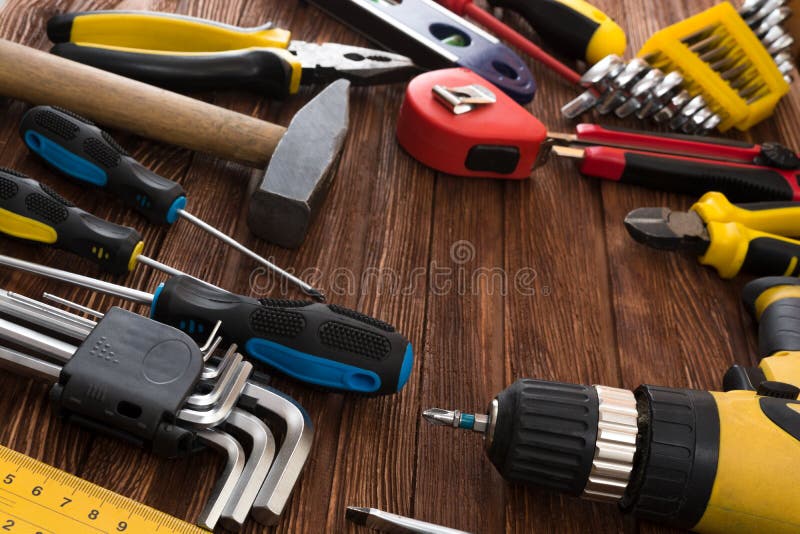 Work Tool of the Wizard. Screwdrivers, Pliers, Wire Cutters, Building ...