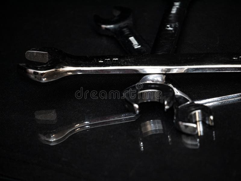 Work Tool of the Wizard. Wrenches on Black Surface Stock Image - Image ...