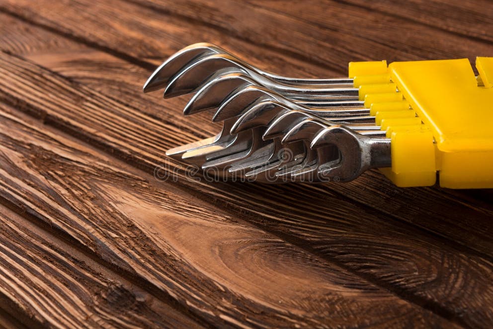 Work Tool of the Wizard. Wrenches on a Wooden Surface Stock Photo ...