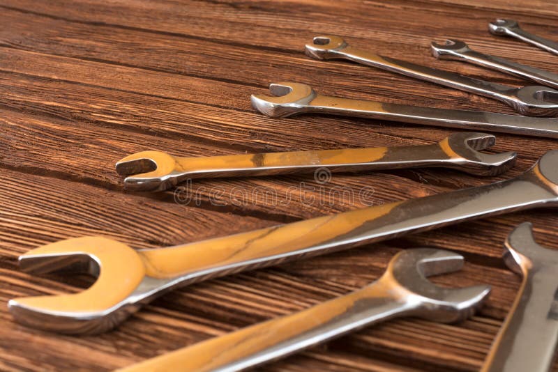 Work Tool of the Wizard. Wrenches on a Wooden Surface Stock Photo ...