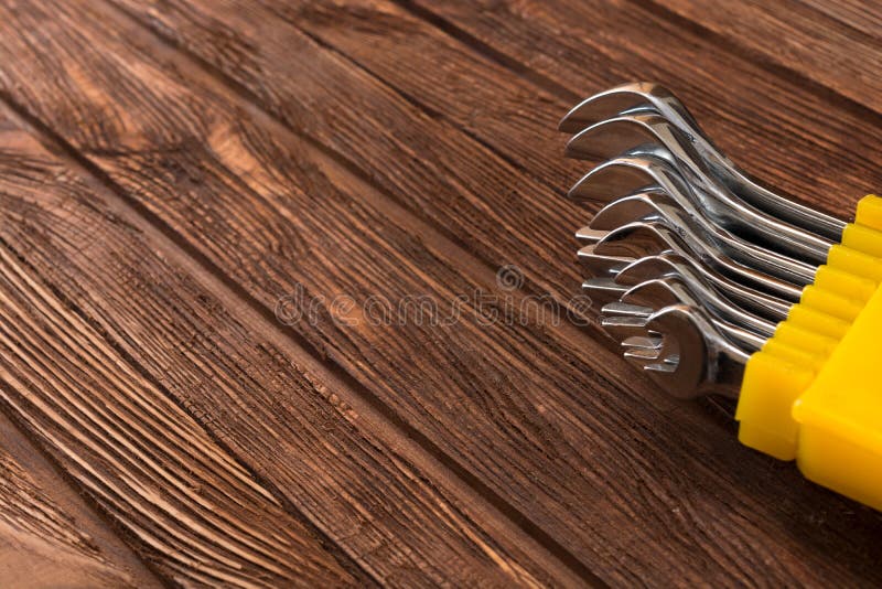 Work Tool of the Wizard. Wrenches on a Wooden Surface Stock Photo ...