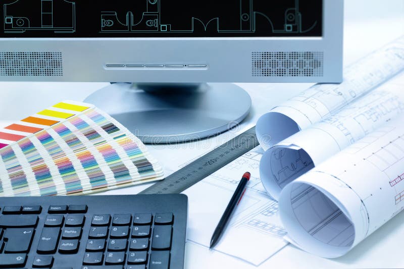 Work Tools and Blueprint of Technical Drawing at the Table of an ...