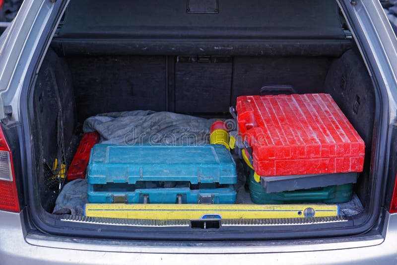 Car Tools in Trunk with Rolling Jack Stock Photo - Image of trunk ...