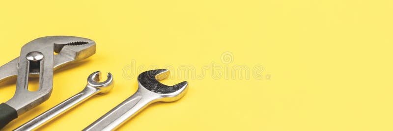 Work Tools on Bright Yellow Background Banner. Panoramic Web Header ...