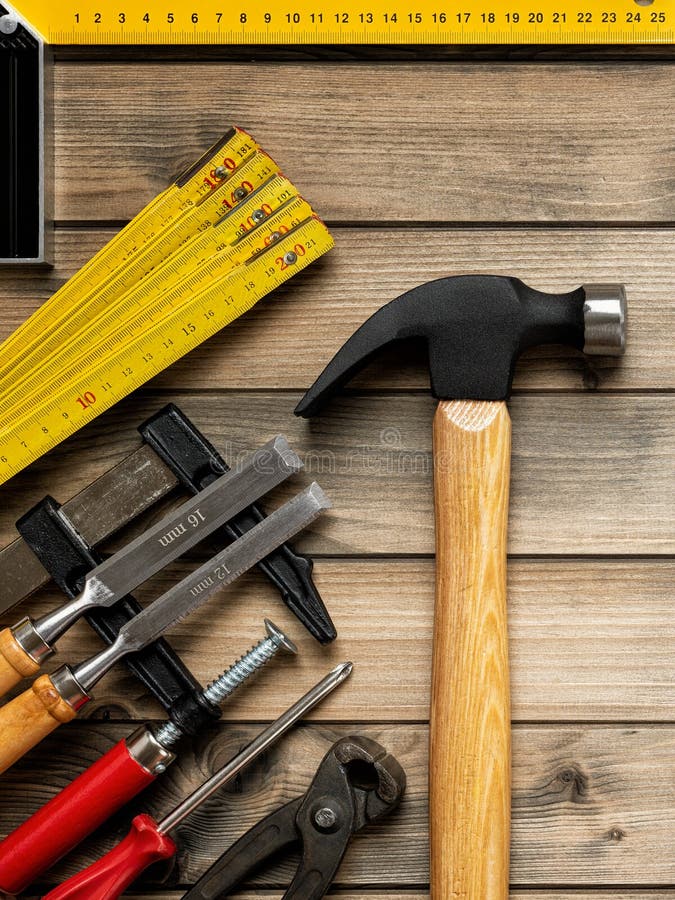 Work Tools for Carpenter on Wooden Background. Carpentry Stock Photo ...