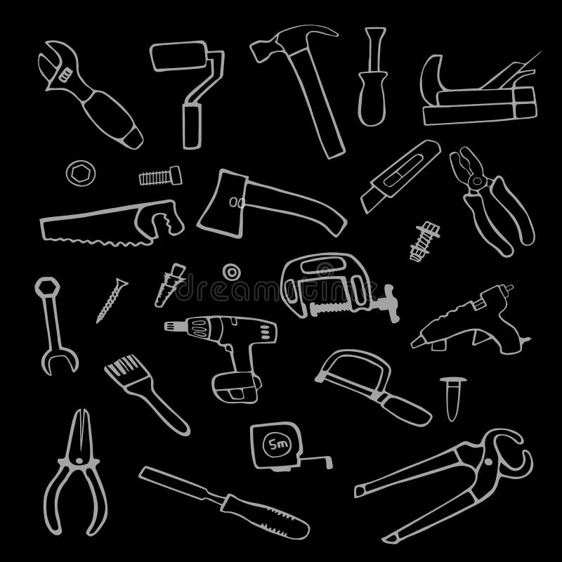 Work Tools Chalk Sketch Icons. Engineer Drawing Style. Vector ...