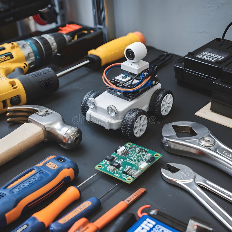 Work Tools, Electrical Equipment and Robotic Car on the Table. Stock ...