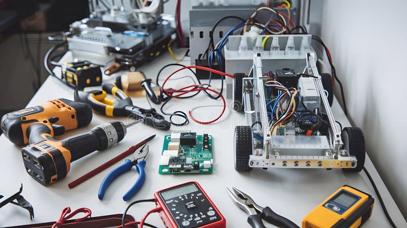 Work Tools, Electrical Equipment and Robotic Car on the Table. Stock ...