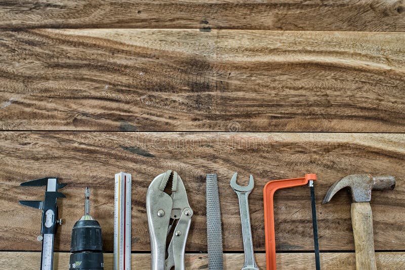 Tools Kit Frame on Wooden Planks Stock Image - Image of improvement ...