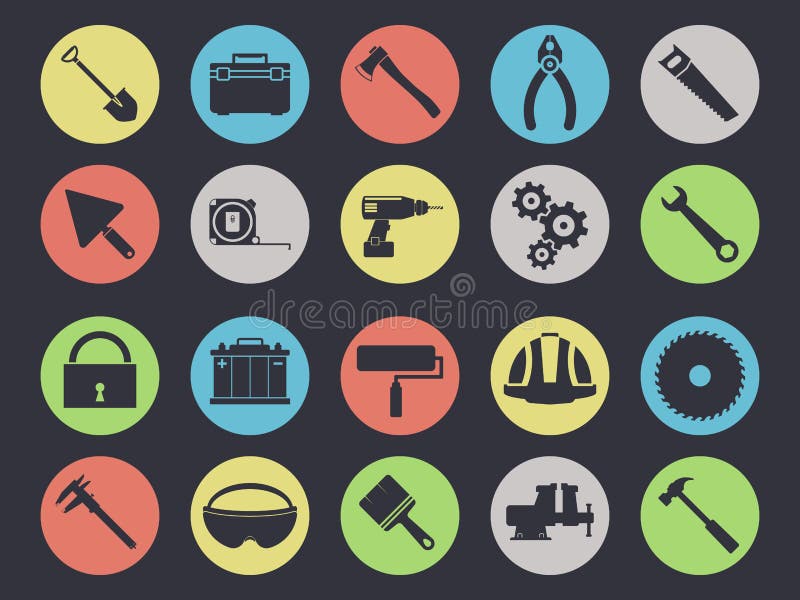 Work Tools Icons Set Isolated on Black Stock Vector - Illustration of ...